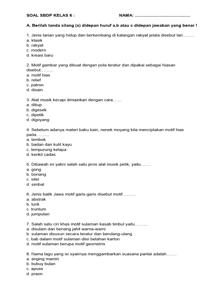 Soal SBDP Kelas 6 | PDF | Griya & Taman | Seni