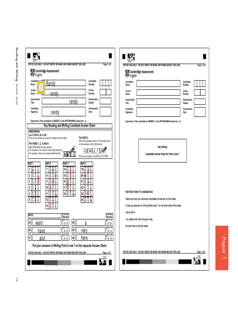 Answersheet Ket Reading - Randy | PDF
