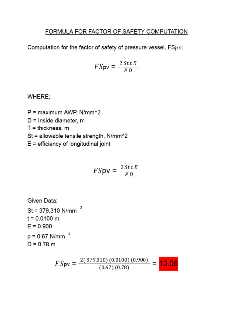 Formula For Factor Of Safety Computation 1 Pdf