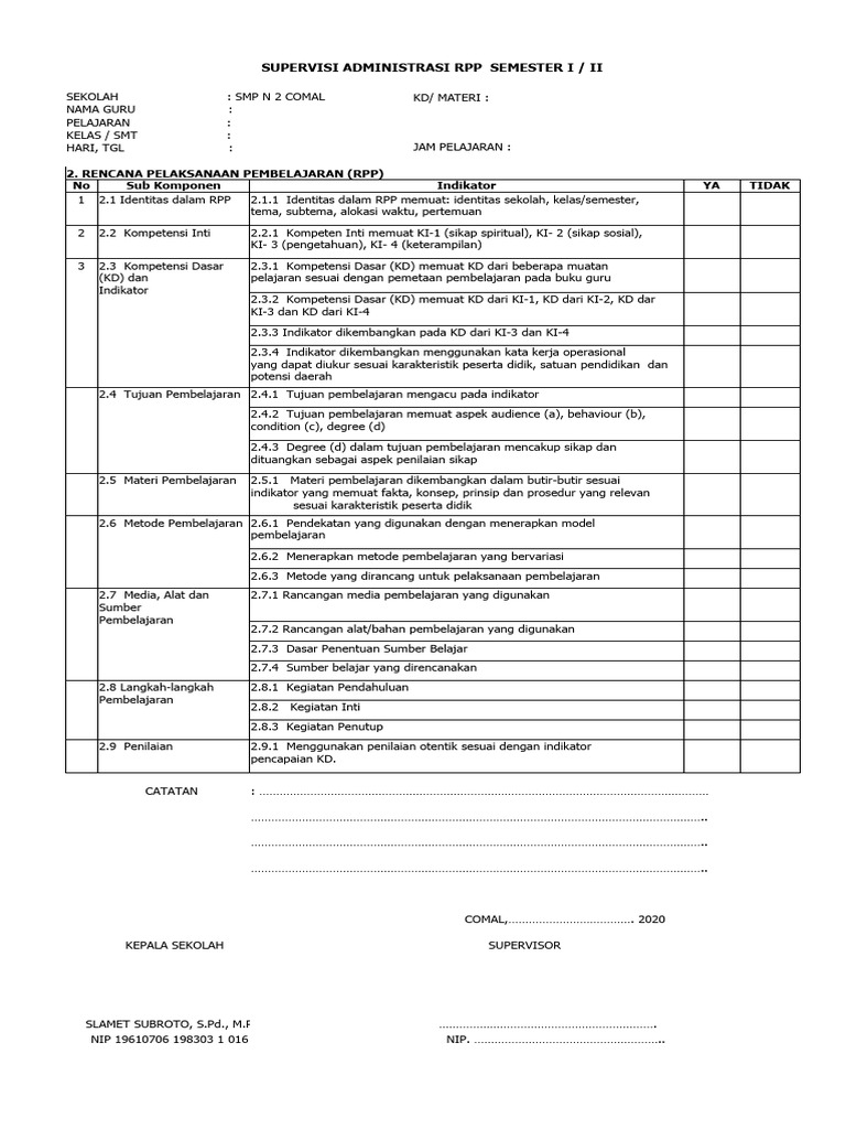 Instrumen Supervisi Administrasi RPP | PDF