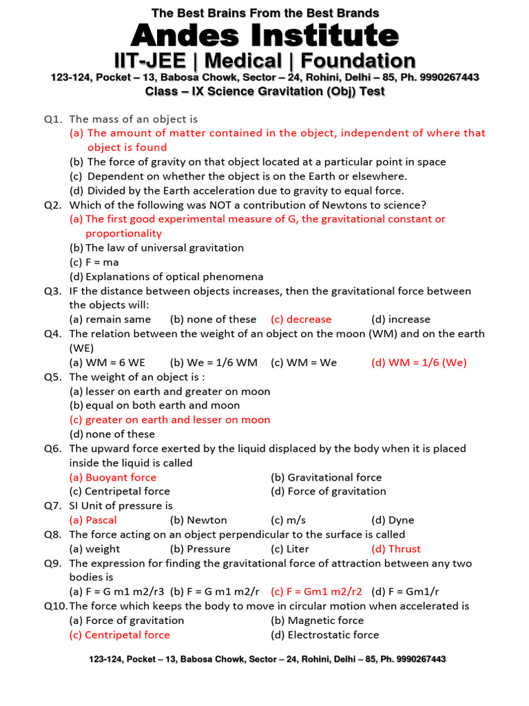 Class 9th Science Gravitation (Obj) Test 18 - Nov - 2023 | PDF ...
