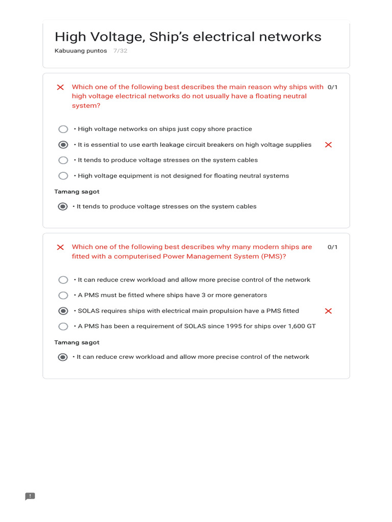 High Voltage, Ship's Electrical Networks Sample Questionnaire | PDF | Electric Generator ...