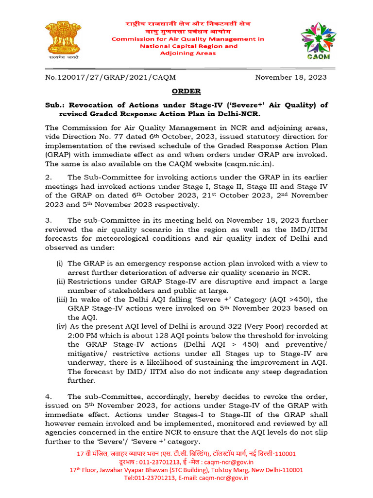 GRAP Stage IV Revocation Order | PDF | Delhi | New Delhi
