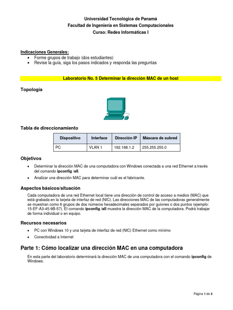 LABORATORIO 5 - Determinar La Dirección MAC de Un Host | PDF | Controlador de interfaz de red ...