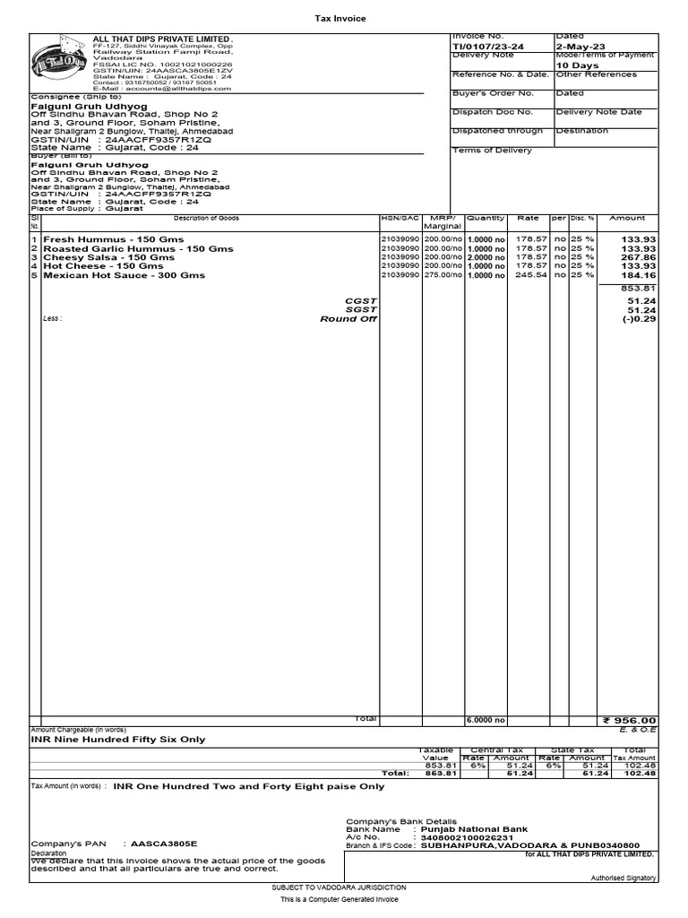 Falguni Gruh Udhyog Invoice Details | PDF | Taxes | Taxation