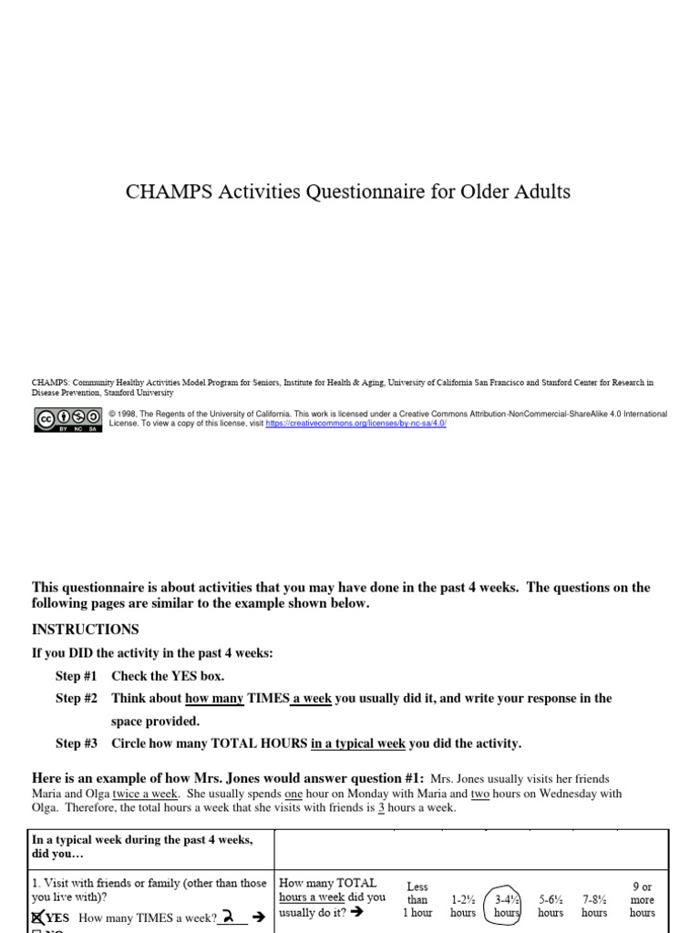 CHAMPS Activity Questionnaire for Seniors | PDF | Strength Training ...