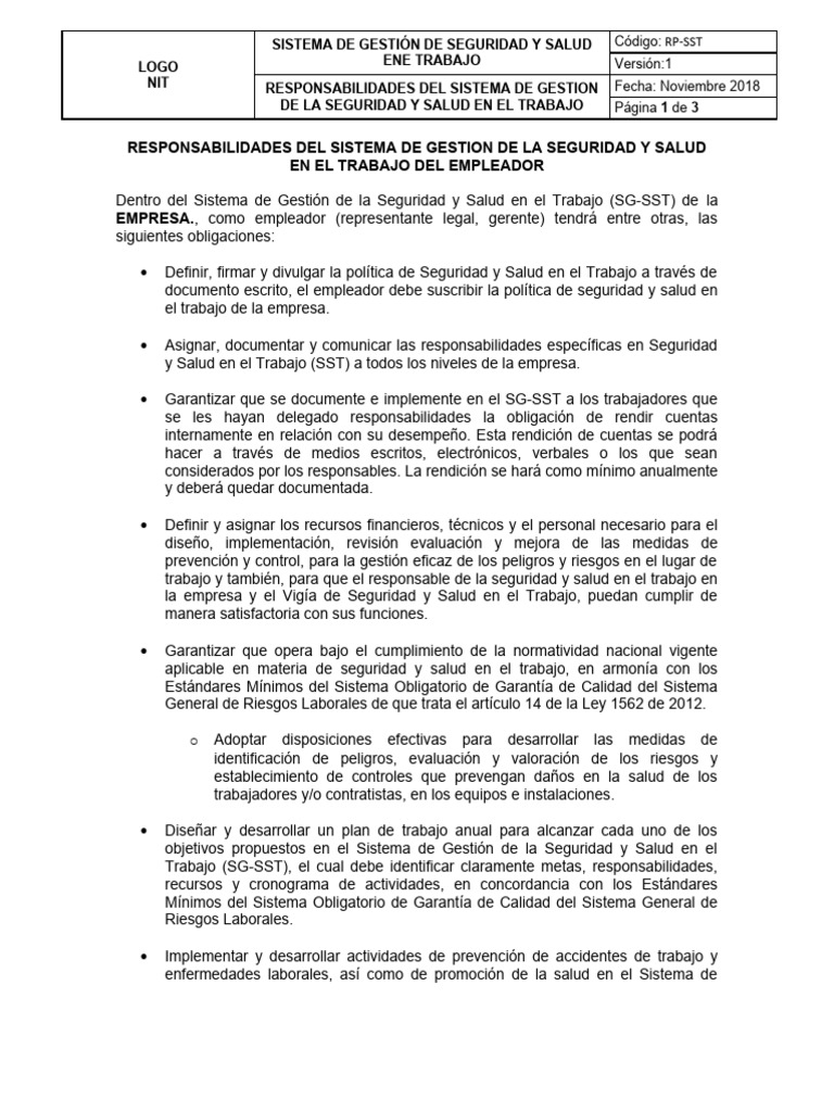 Responsabilidades del Empleador SG-SST | PDF | Derecho laboral | Business