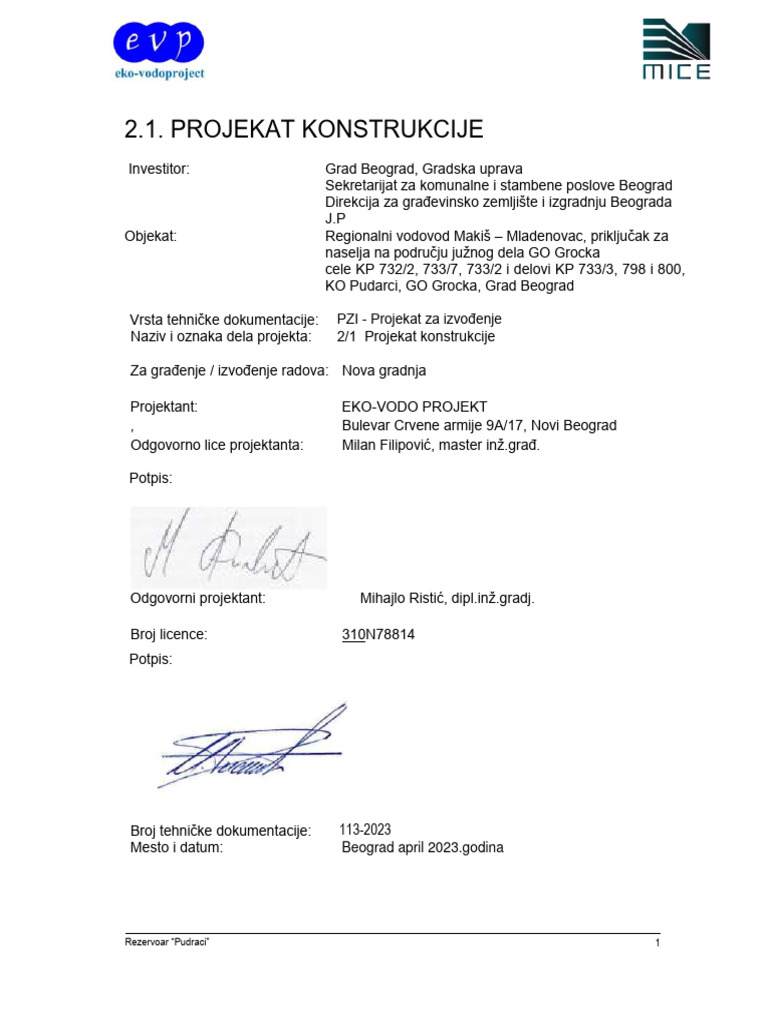 PZI - Rezervoar Pudarci - April 2023 - Rev 01 | PDF