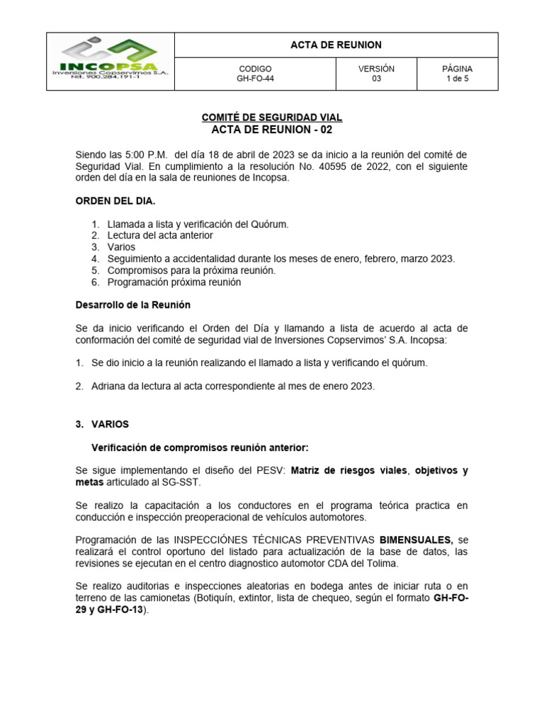 2-Formato Acta-23 Comite Seguridad Vial - 23 - Abril 2023 | Descargar gratis PDF | Planificación