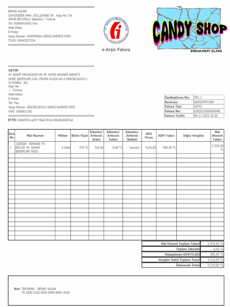 9 Kasim 2023 Ay Yapim Fatura | PDF