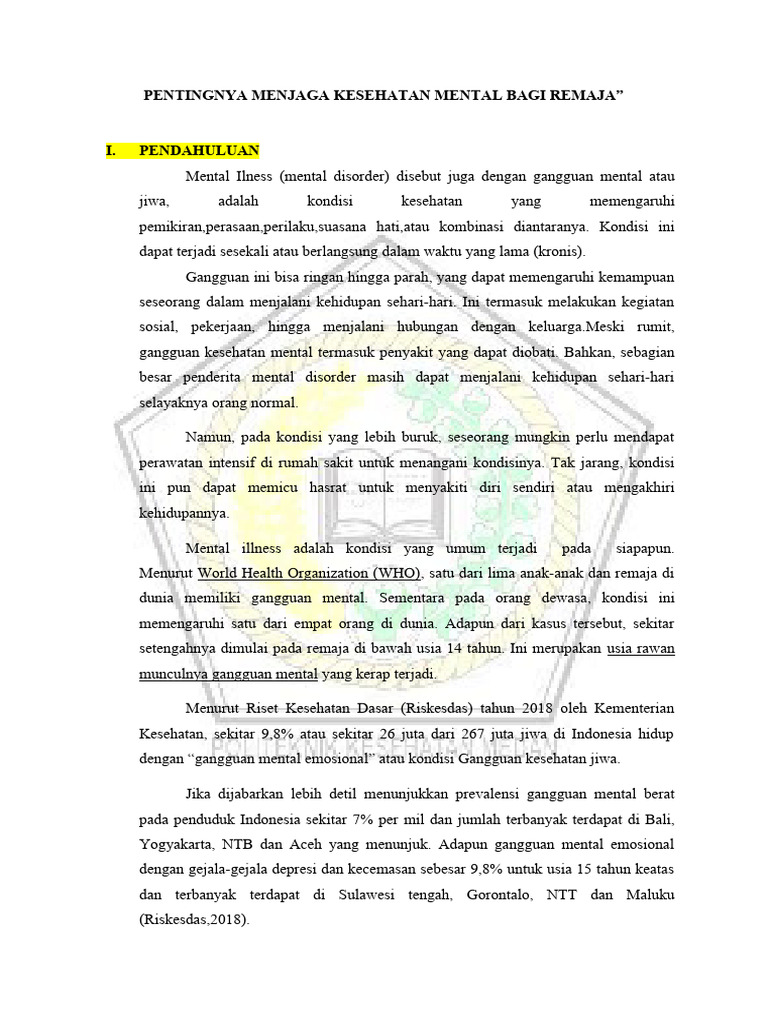 Essay Pentingnya Menjaga Kesehatan Mental Bagi Remaja | PDF | Pengembangan Diri | Sains & Matematika