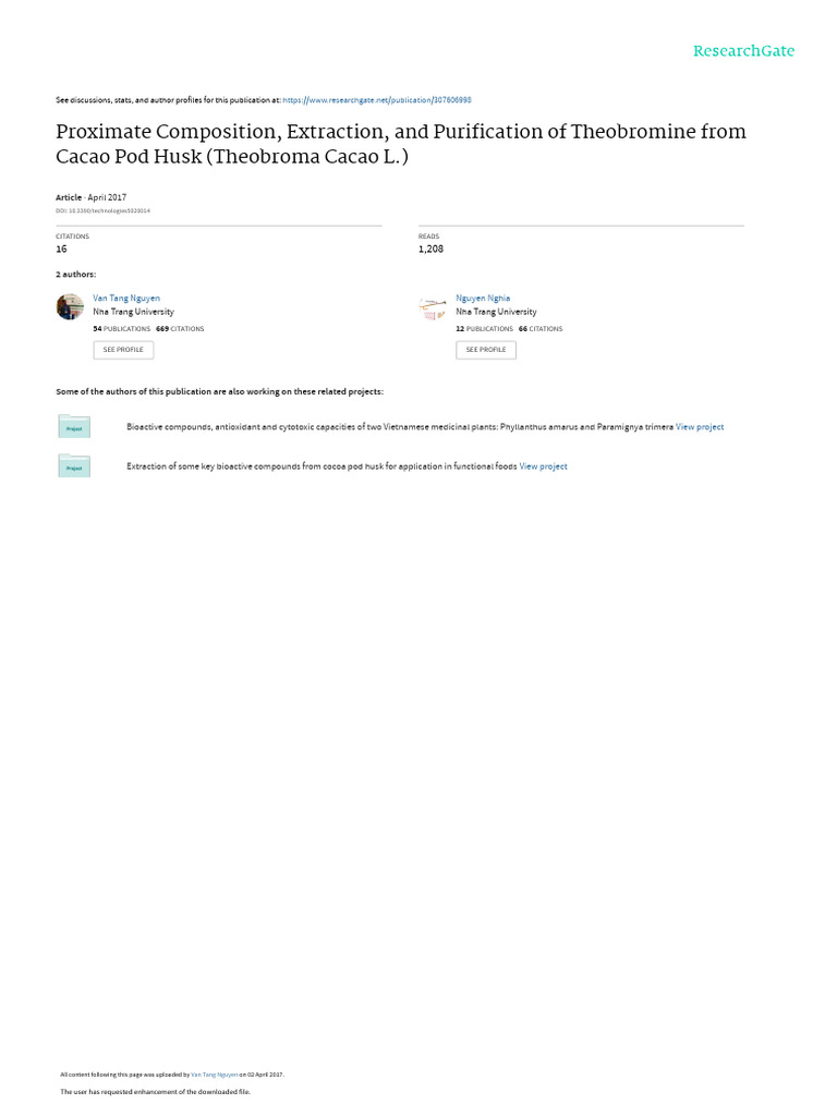 Proximate Composition, Extraction, and Purification of Theobromine From Cacao Pod Husk ...