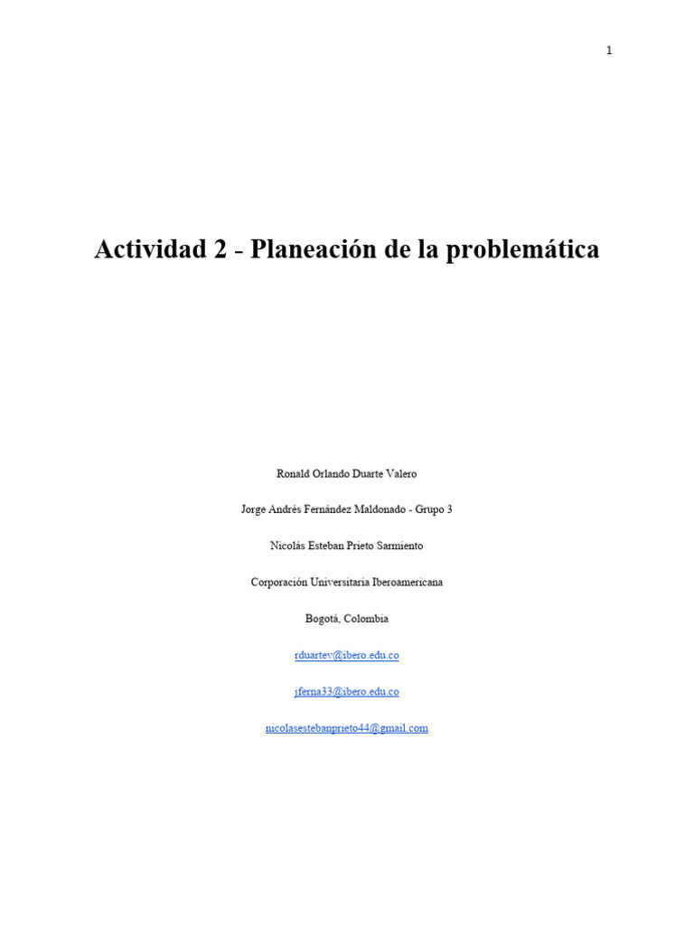 Actividad 2 - Planeación de la problemática Ronal Duarte Jorge Andres Nicolas Prieto | PDF ...