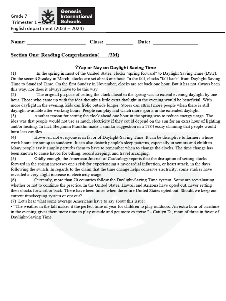 Name: - Class: - Date: - Section One: Reading Comprehension (/3M) Yay ...