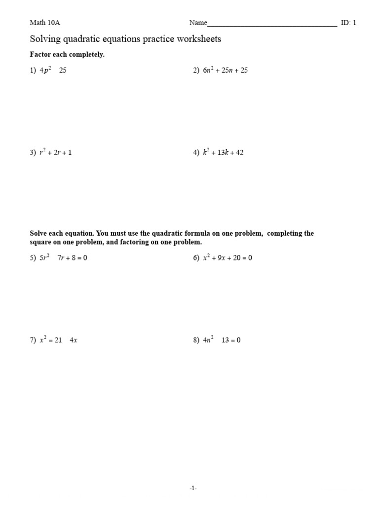 Solving Quadratic Equations Practice Worksheets | PDF | Quadratic ...