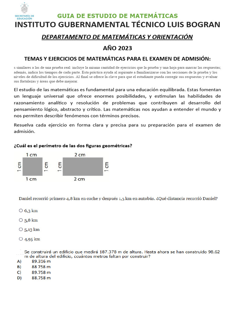 Guia de Estudio de Matematicas 2023 | PDF