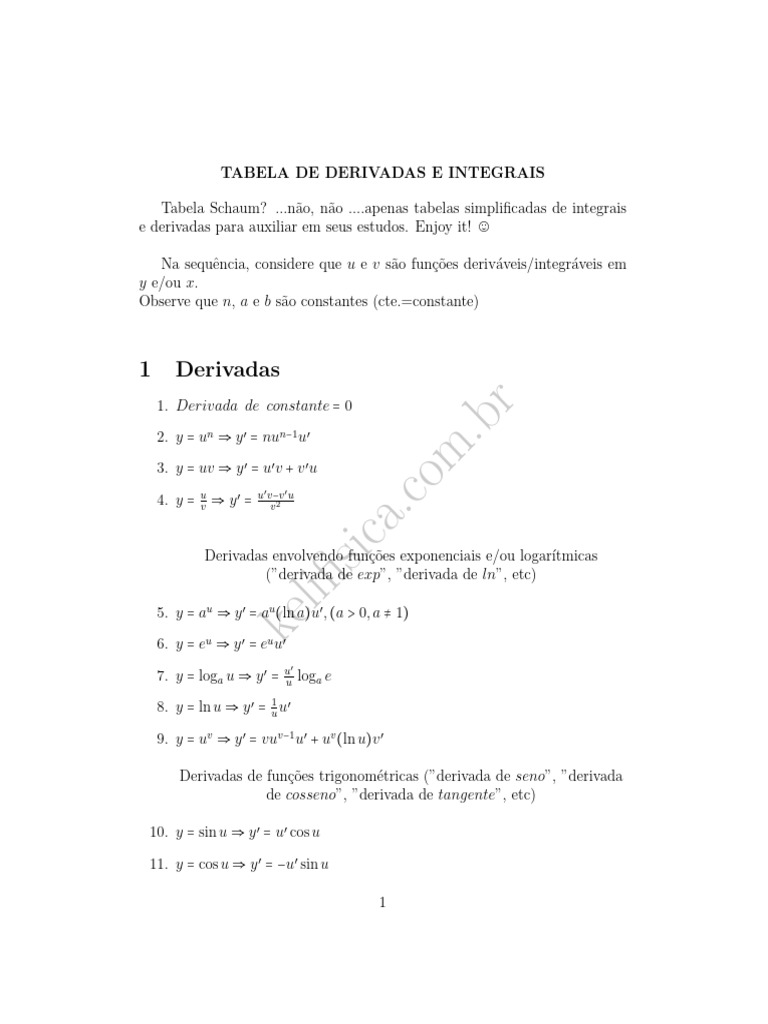 Tabela de Integrais e Derivadas | PDF | Objetos matemáticos | Combinatória