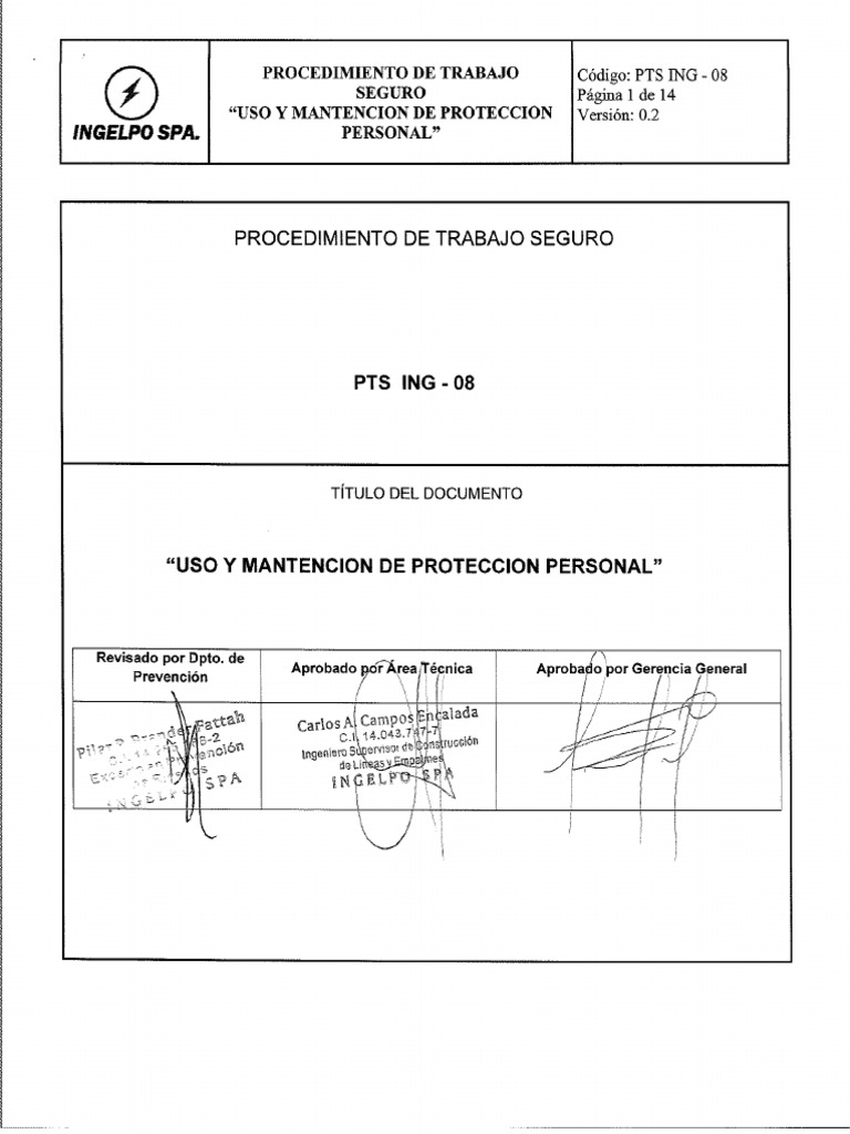 PTS N°08 Procedimiento de Trabajo Uso y Mantencion de EPP (Actualizado) | PDF