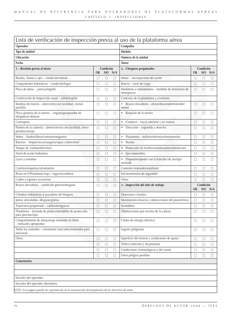 Aerial Lifts Pre Use Inspection Checklist SPANISH | PDF | Transporte ...