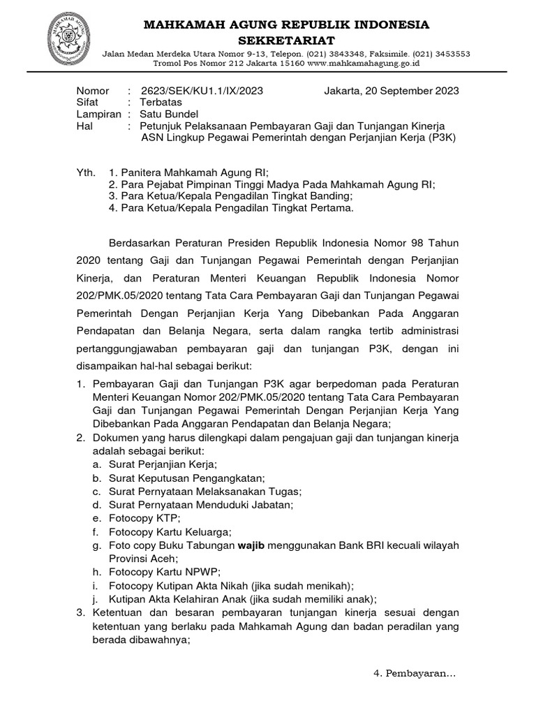 Petunjuk Pelaksanaan Pembayaran Gaji Dan Tukin P3K - Sign | PDF