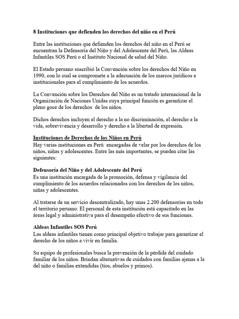 8 Instituciones Que Defienden Los Derechos Del Niño en El Perú | PDF | Derechos | Derechos humanos