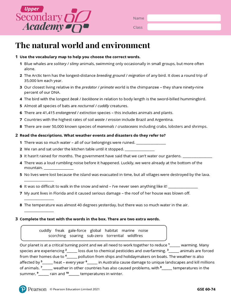Upper Secondary Academy V Worksheet GSE 60 74 The Natural World and ...