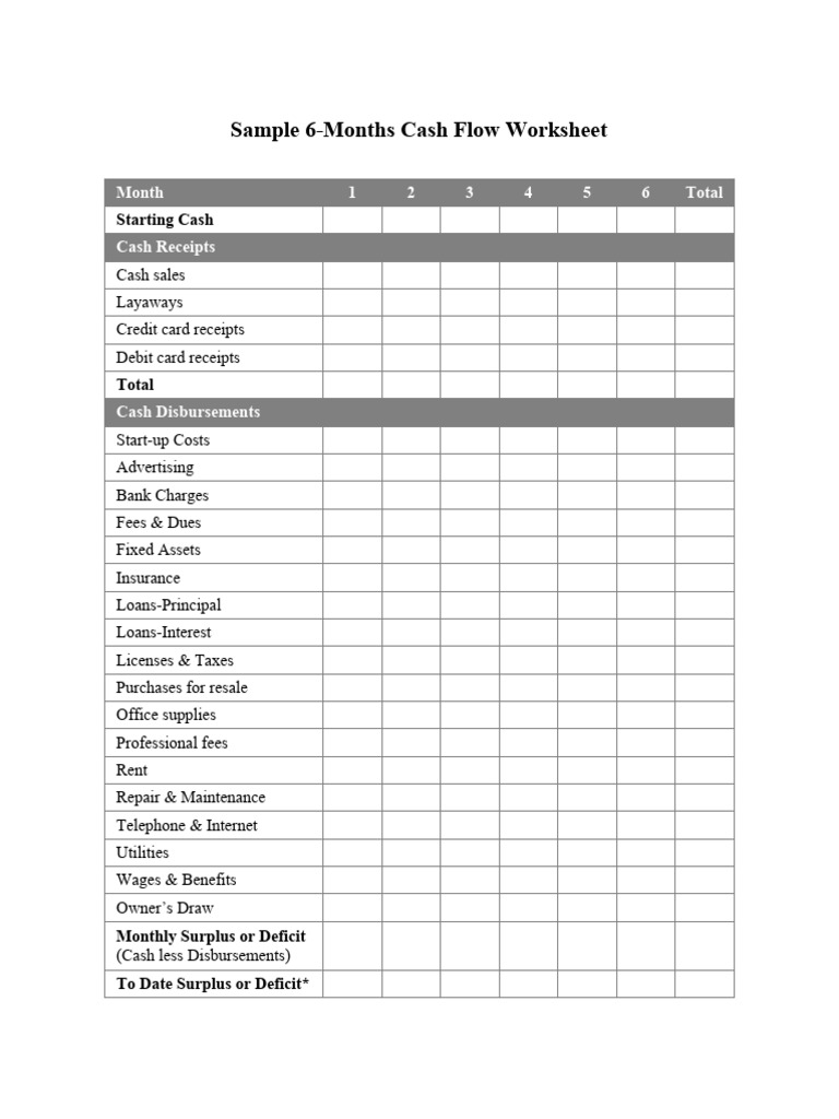 6-Month Cash Flow Worksheet Template | PDF | Career & Growth | Finance ...