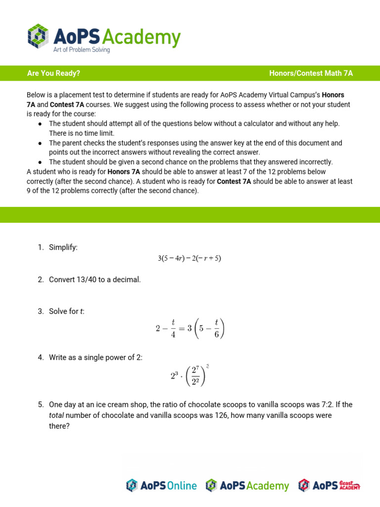 Placement Test For 7A | PDF | Numbers | Elementary Mathematics