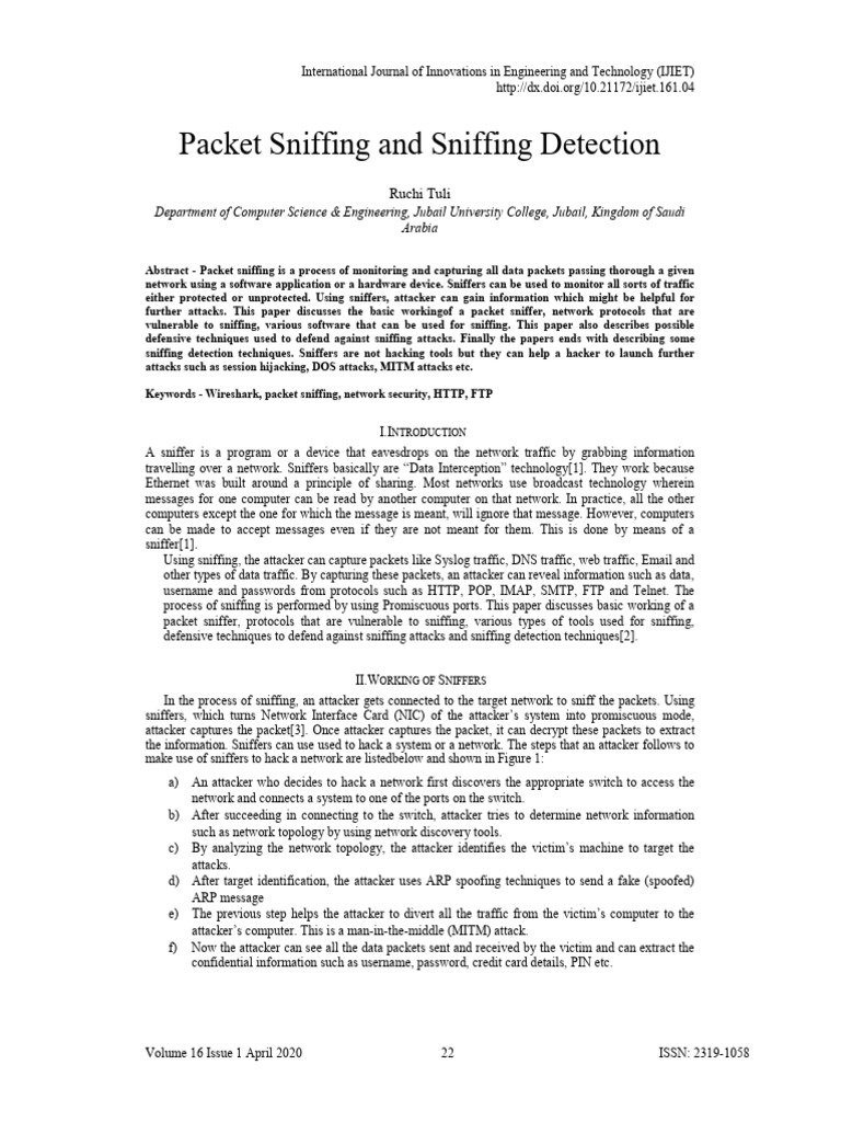 Packet Sniffing and Sniffing Detection: Ruchi Tuli | PDF | Computer ...