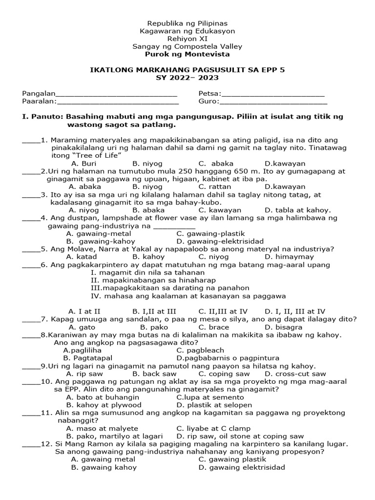 Purok NG Montevista Ikatlong Markahang Pagsusulit Sa Epp 5 SY 2022 - 2023 | PDF