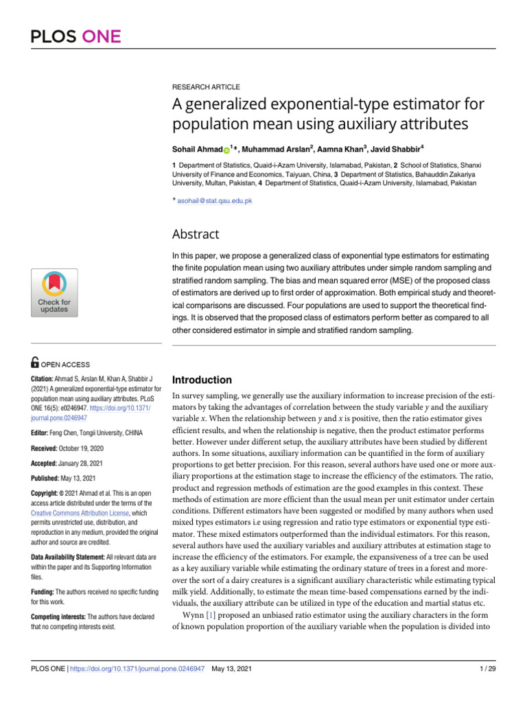A Generalized Exponential Type Estimator Pdf Estimator Mean
