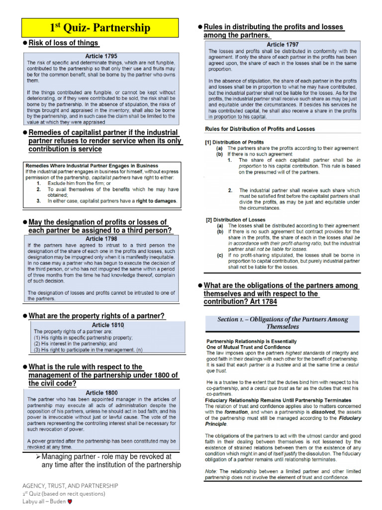 1st Quiz Partnership Q and A | PDF | Partnership | Liquidation