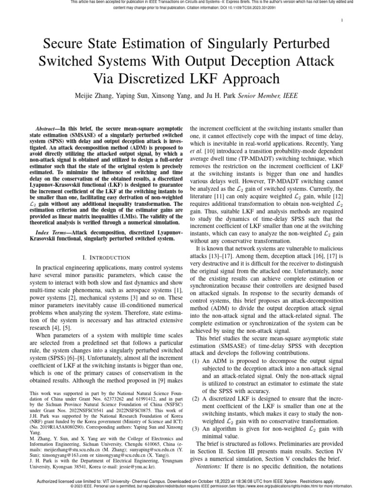 Secure State Estimation of Singularly Perturbed Switched Systems With Output Deception Attack ...