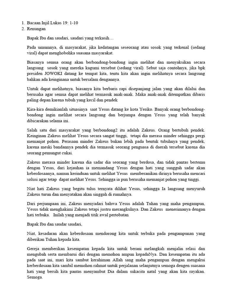 Bacaan Injil Lukas 19 Ibadat Tobat | PDF