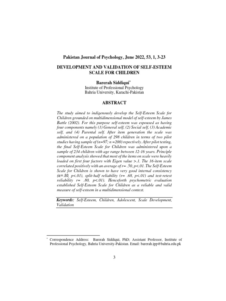 Development and Validation of Self-Esteem Scale For Children | Download ...