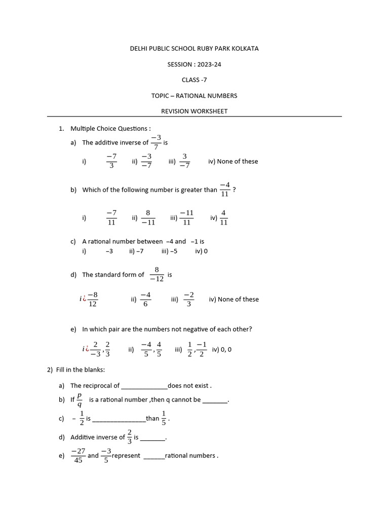 Revision Worksheet - Rational Numbers | PDF | Rational Number | Ring Theory
