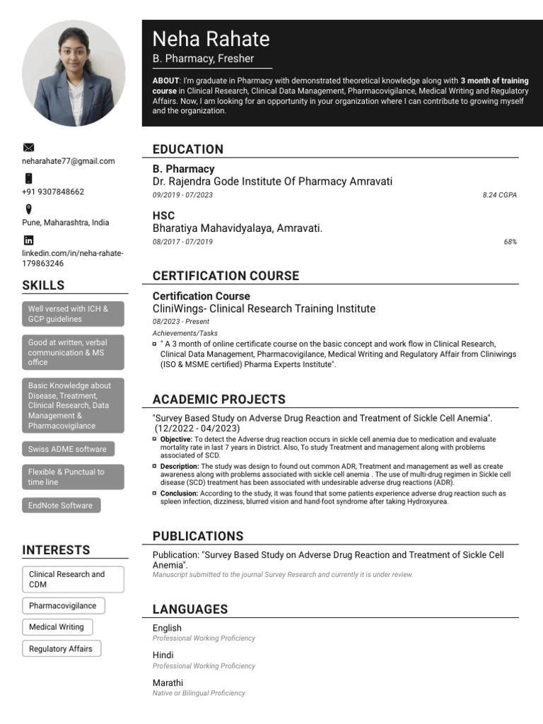 Neha Rahate Resume | PDF | Pharmacovigilance | Pharmacy