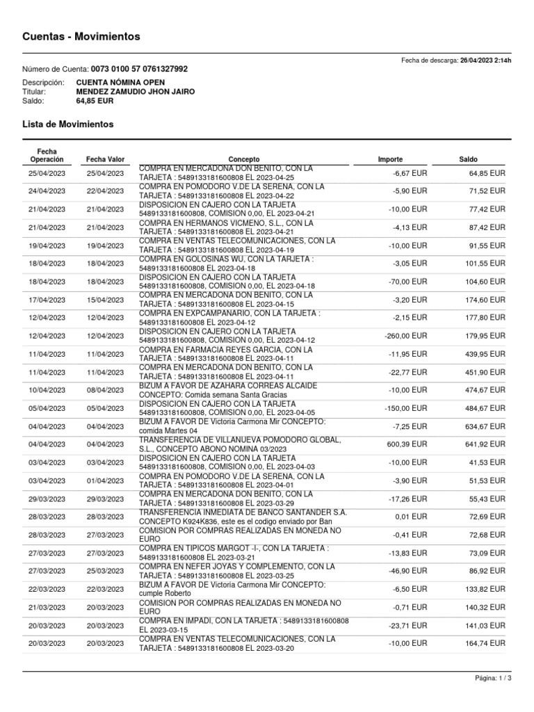 Movimientos de Cuenta | PDF