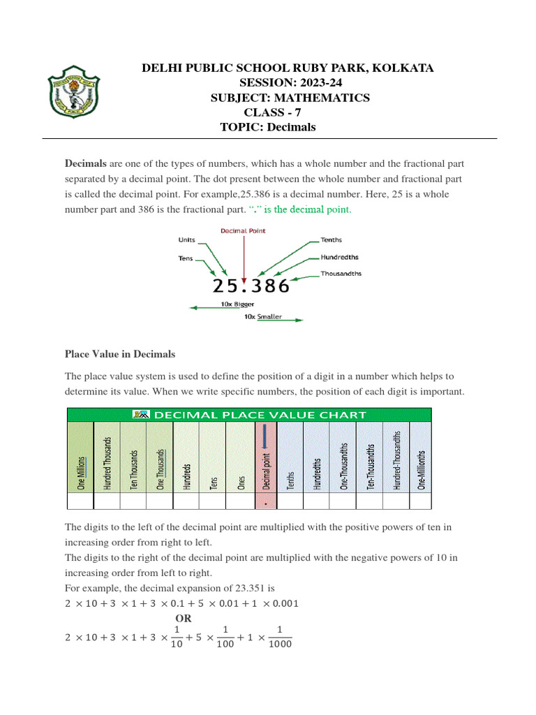 Study Material - Decimals (2023) | PDF | Decimal | Numbers