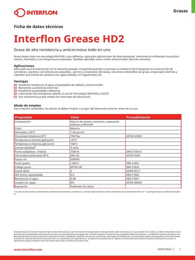 9126 TDS ES Es Interflon Grease HD2 | PDF | Lubricante | Física ...