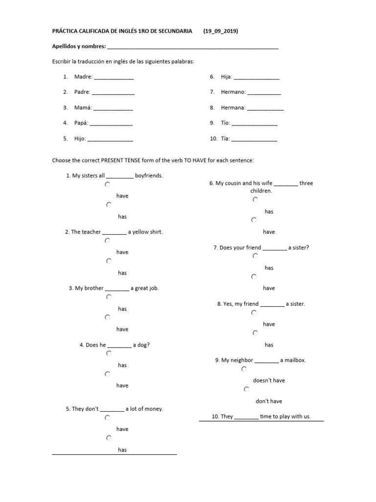 Práctica Calificada de Inglés 1ro de Secundaria | PDF