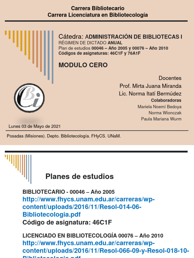 Admi - 1 - MODULO CERO - Lunes | PDF | Planificación | bibliotecario