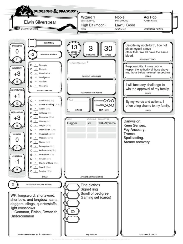 DND 5e Wizard L1 Character Sheet | PDF | Role Playing Games