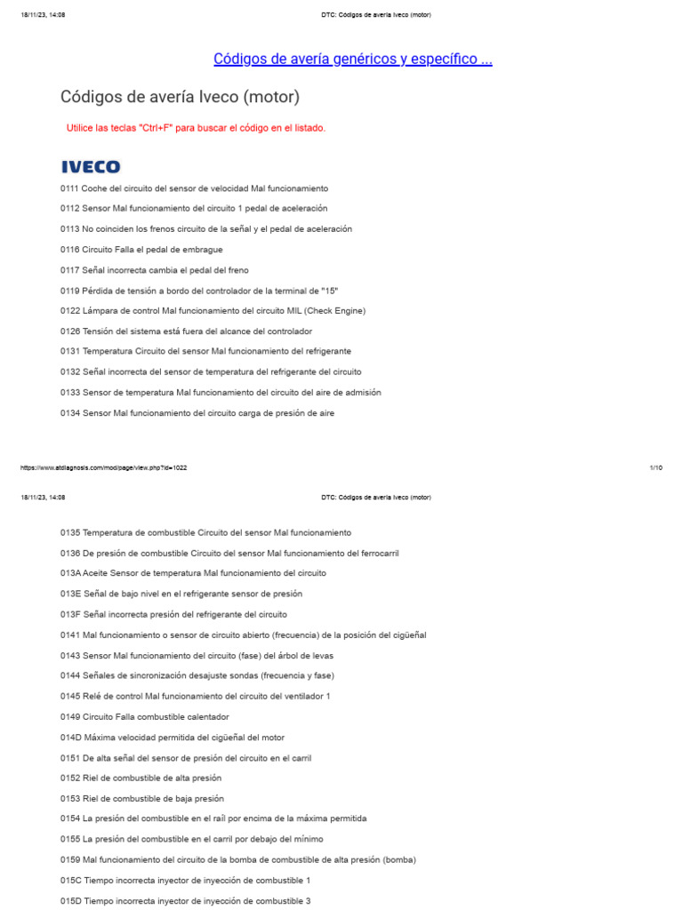 DTC_ Códigos de avería Iveco (motor) | PDF | Inyección de combustible ...
