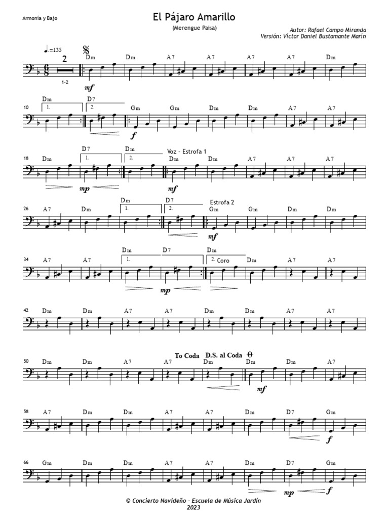 Armonía y Bajo - El Pájaro Amarillo (Merengue Paisa) | PDF