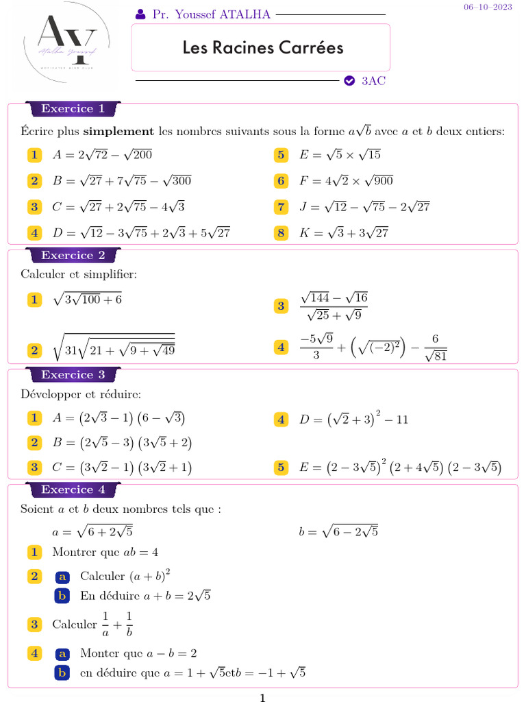 Série Des Exercices Les Racines Carrées | PDF | Mathématiques