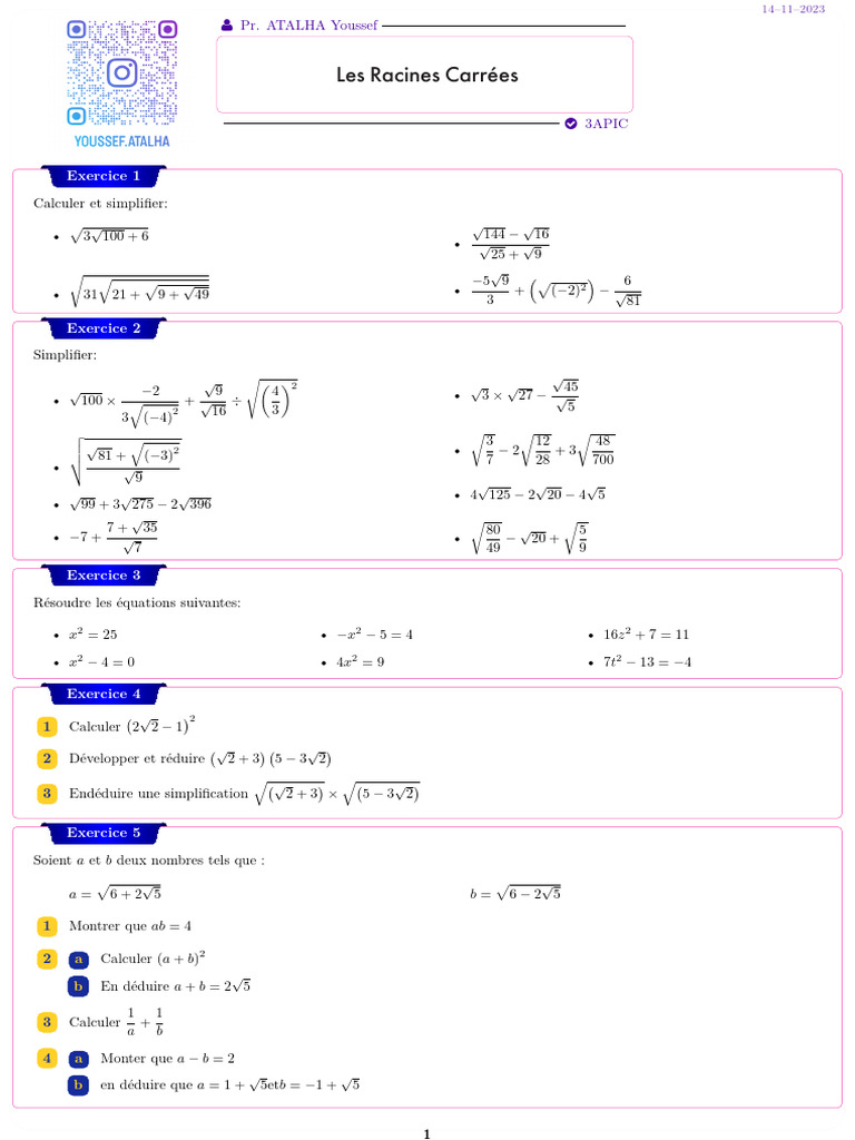 Exercices sur les Racines Carrées 3AC | PDF | Mathématiques