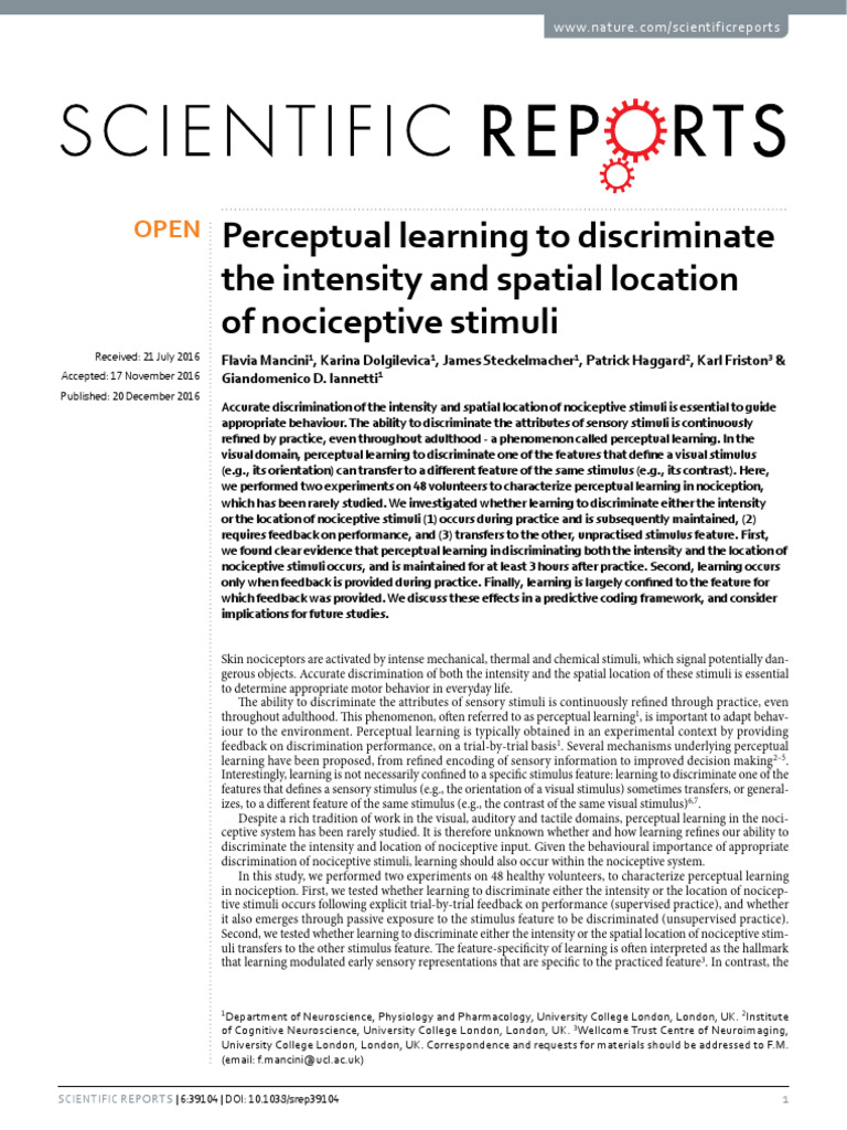 Perceptual Learning To Discriminate The Intensity and Spatial Location of Nociceptive Stimuli ...