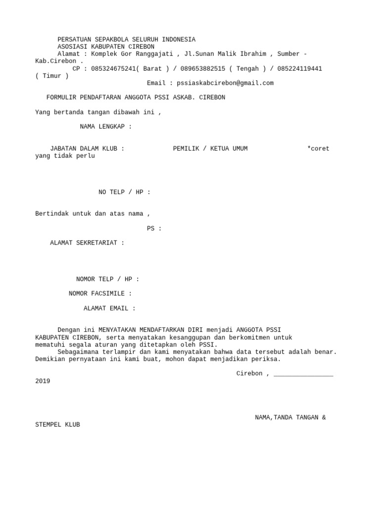 Formulir Pendaftaran Anggota PSSI Askab Cirebon 1 PDF | PDF