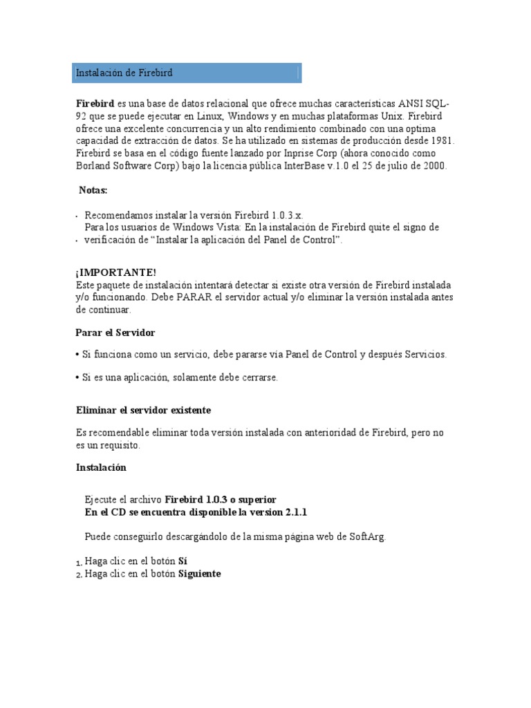 Instalacion de Firebird | PDF | Servidor (Computación) | Microsoft Windows